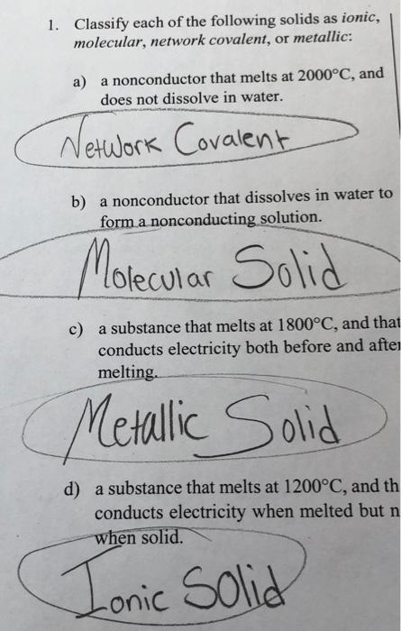 Solved 1. Classify each of the following solids as ionic, | Chegg.com