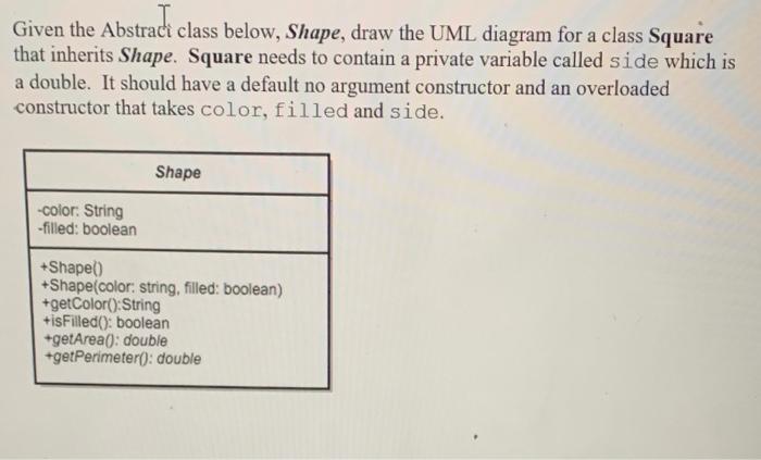 Solved Given the Abstract class below, Shape, draw the UML | Chegg.com