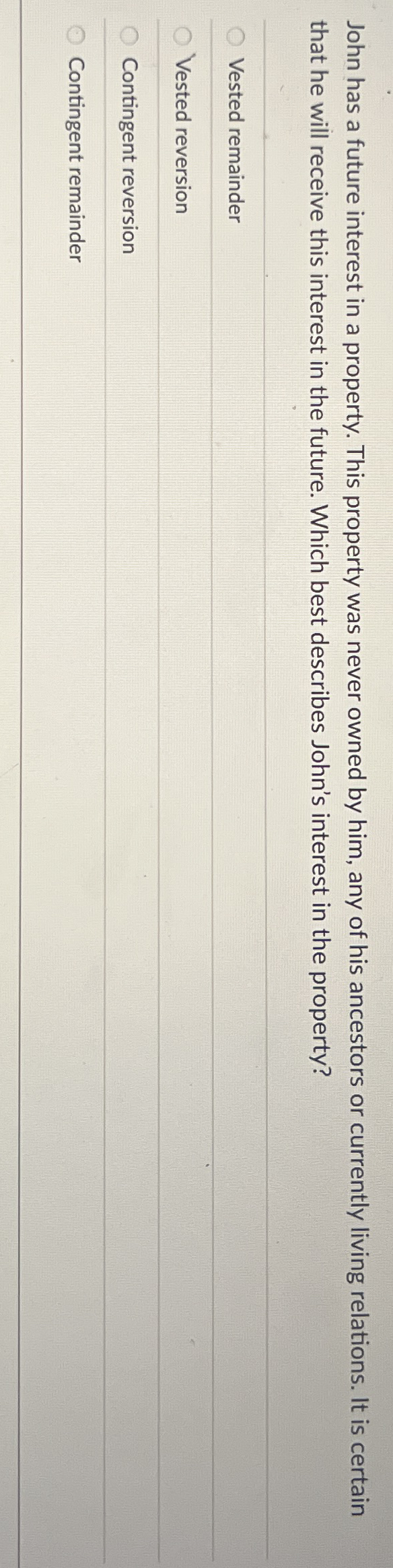 Solved John has a future interest in a property. This | Chegg.com