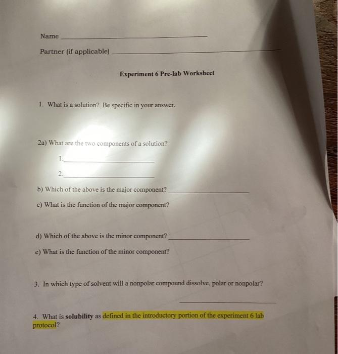 Solved Name Partner (if applicable) Experiment 6 Pre-lab | Chegg.com