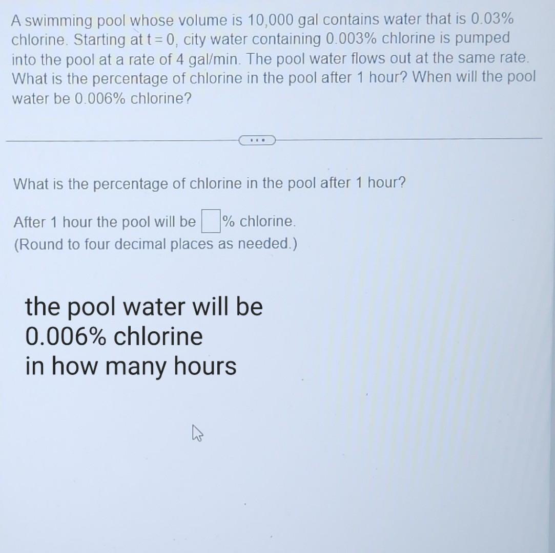 Solved A swimming pool whose volume is 10,000gal contains | Chegg.com