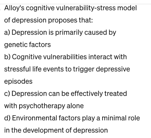 Solved Alloy's cognitive vulnerability-stress model of | Chegg.com