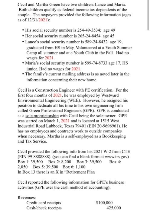 Cecil and Martha Green have two children: Lance and | Chegg.com