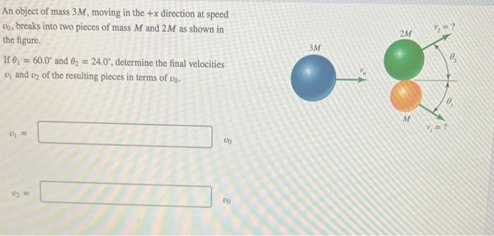 Solved An object of mass 3M, moving in the +x direction at | Chegg.com