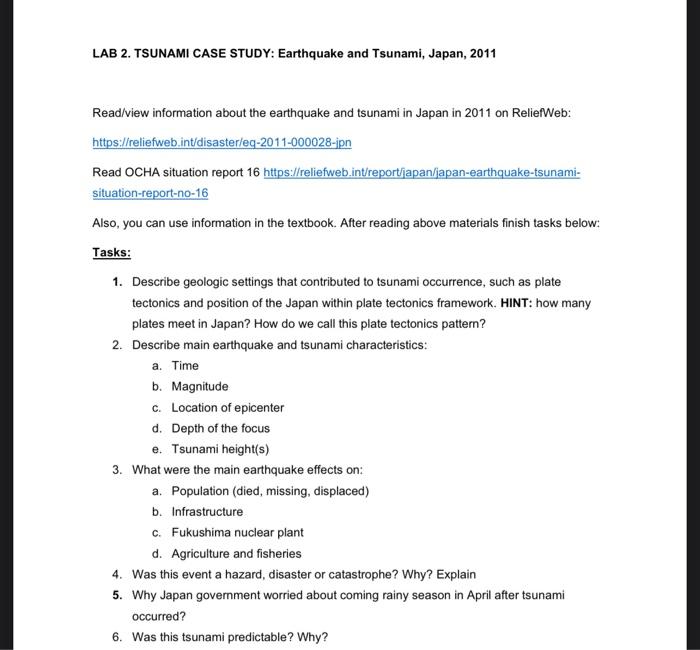 LAB 2. TSUNAMI CASE STUDY: Earthquake and Tsunami, | Chegg.com