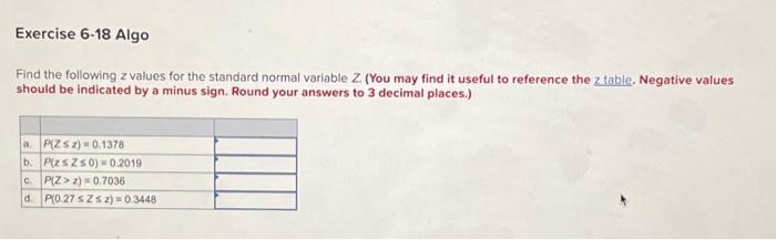 Solved Exercise 6-18 Algo Find the following z values for | Chegg.com