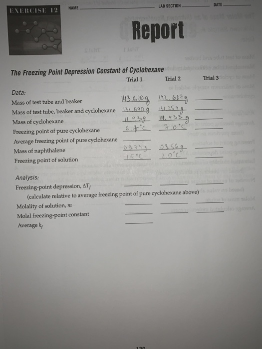 Solved EXERCISE 15 NAME LAS SECTION DATE Report The Freezing | Chegg.com