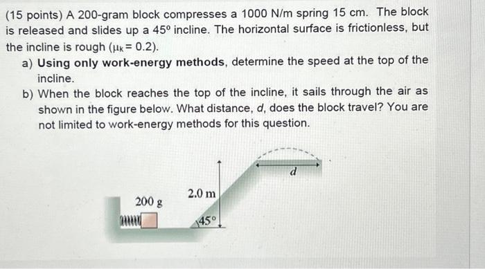 Solved a 200-gram block compresses a 1000 N/m spring 15 cm. | Chegg.com