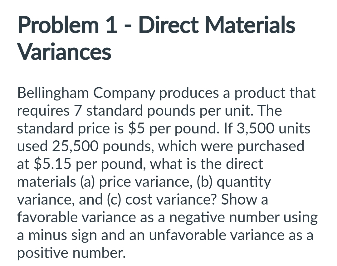 Problem 1 - ﻿Direct Materials VariancesBellingham | Chegg.com