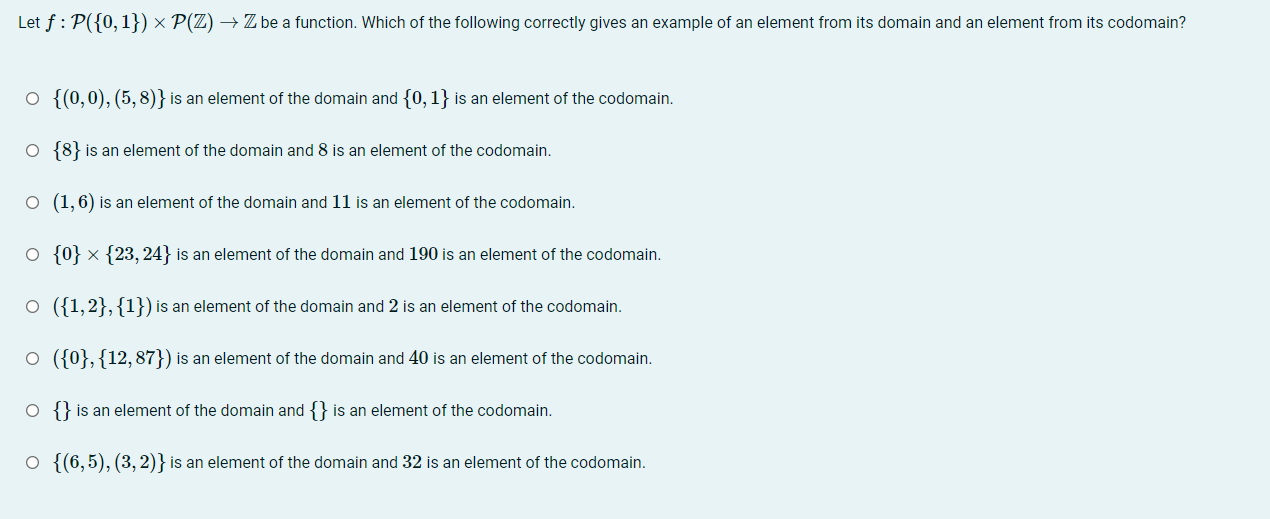 Solved Let f:P({0,1})×P(Z)→Z ﻿be a function. Which of the | Chegg.com