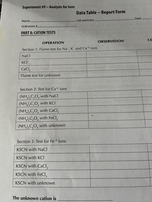 Experiment \#9 - Analysis for lons Data Table - | Chegg.com