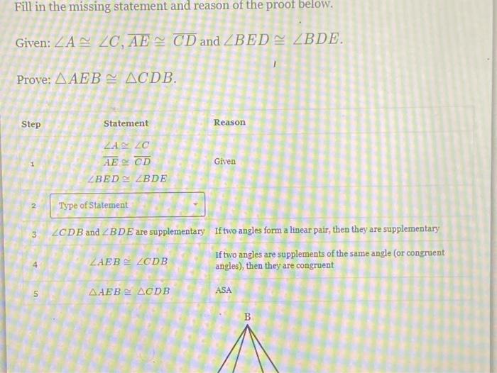 Solved Fill in the missing statement and reason of the proof | Chegg.com