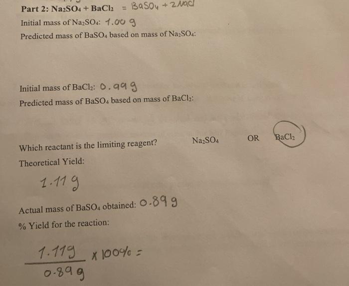 Solved Part 2: Na2SO4 + BaCl2 BaSO4 + 2 vad Initial mass of | Chegg.com