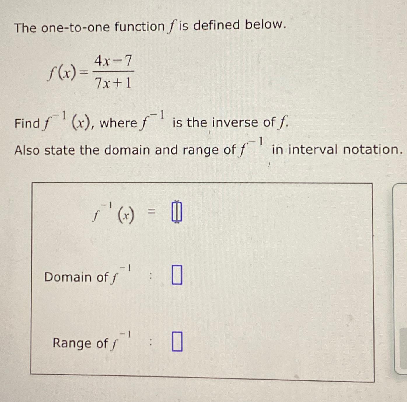 Solved The one-to-one function f ﻿is defined | Chegg.com