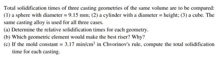 Solved Total solidification times of three casting | Chegg.com
