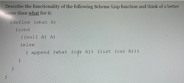 Solved Describe the functionality of the following Scheme | Chegg.com