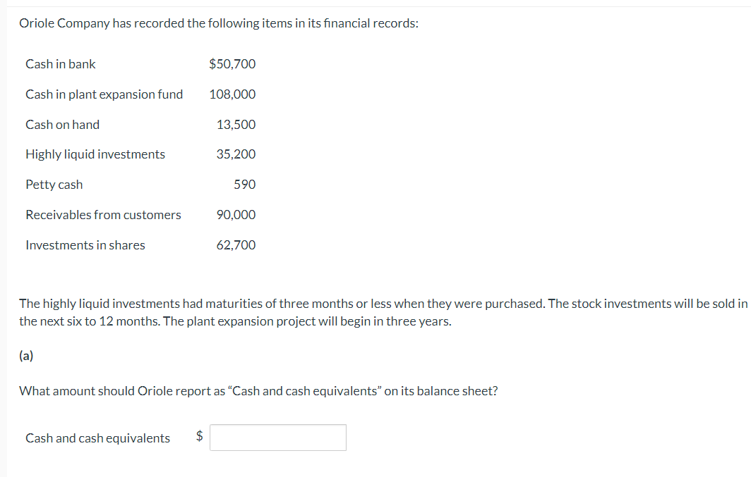 Solved Oriole Company has recorded the following items in | Chegg.com