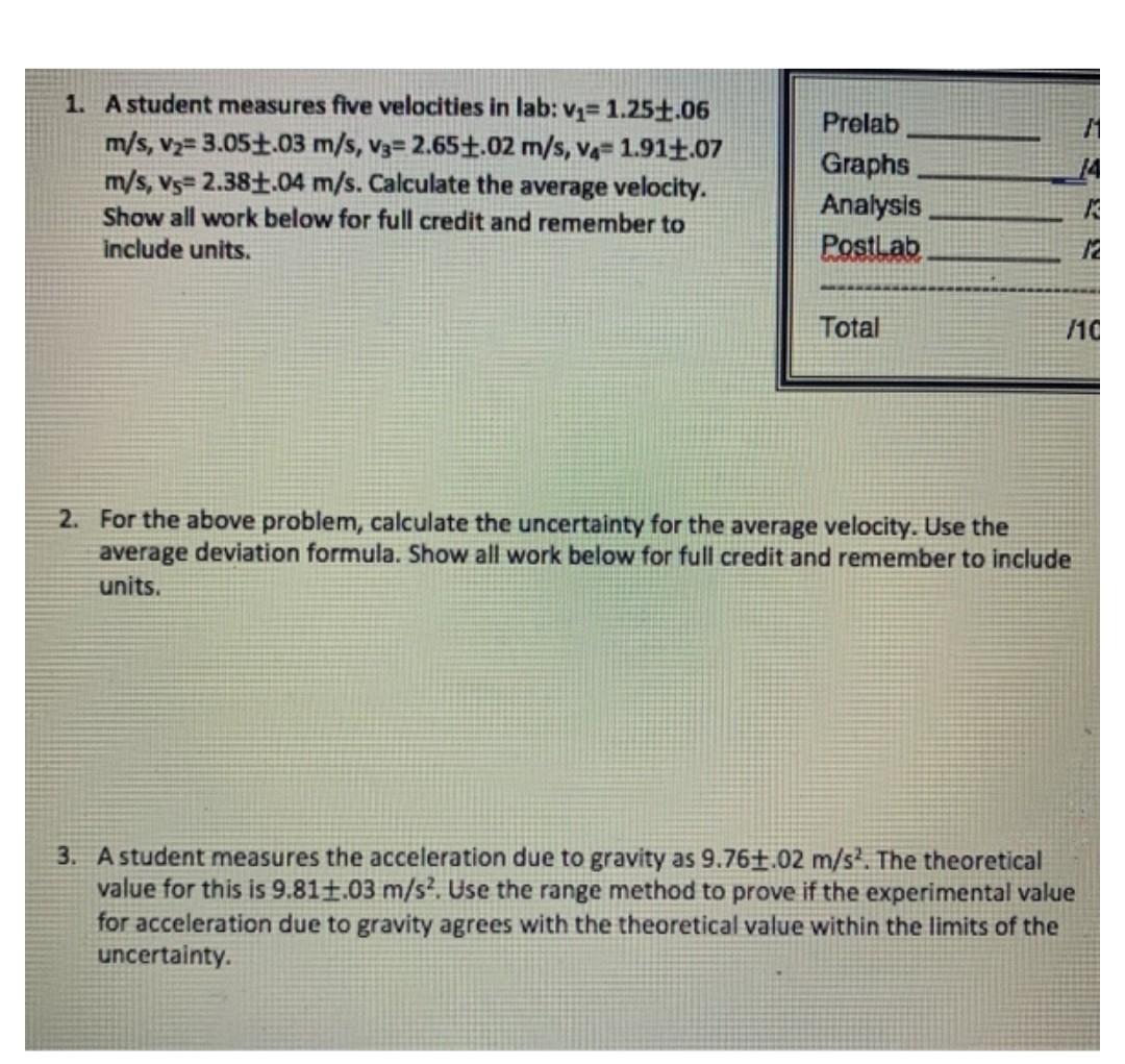 Solved 1. A student measures five velocities in lab: V1= | Chegg.com