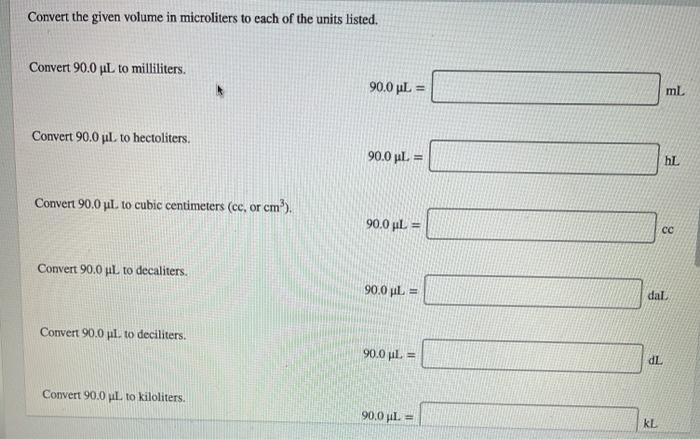 Solved Convert the given volume in microliters to each of | Chegg.com