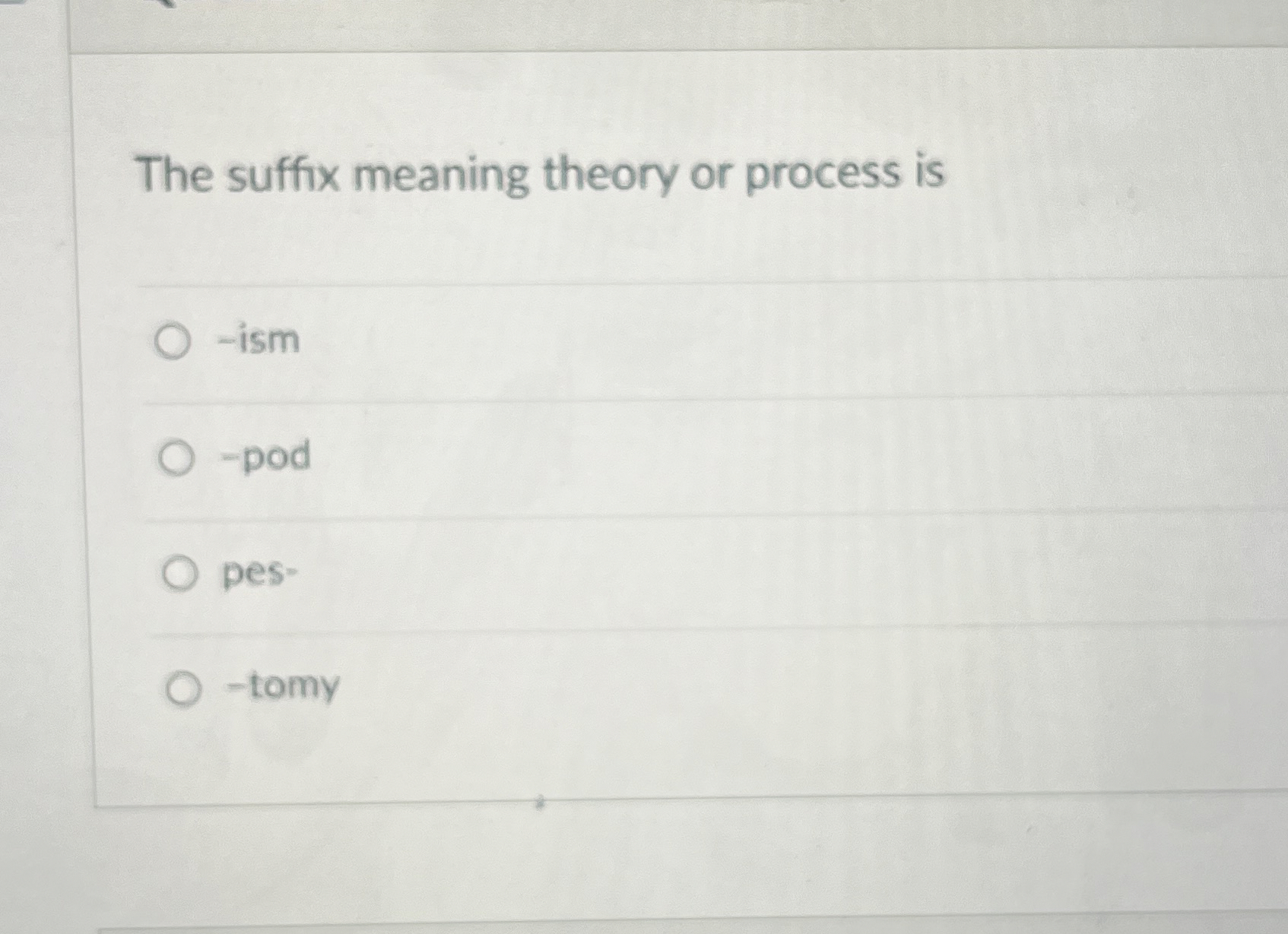 Solved The suffix meaning theory or process | Chegg.com