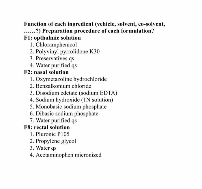 Solved Function of each ingredient (vehicle, solvent, | Chegg.com