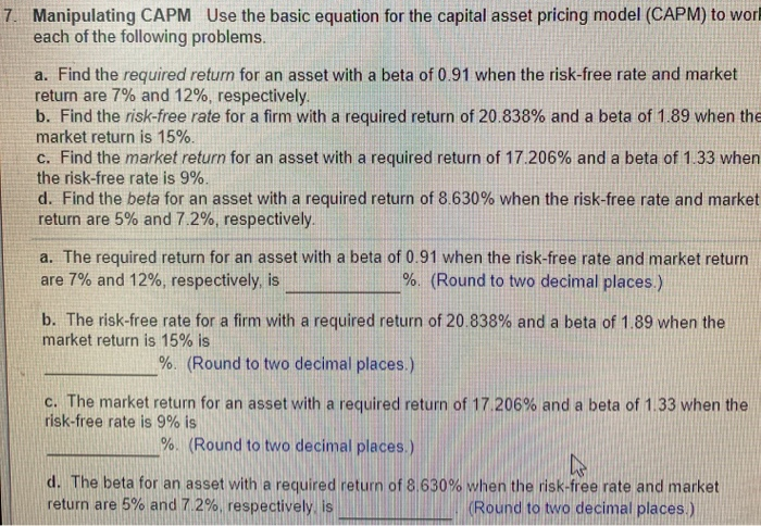 Solved 7. Manipulating CAPM Use the basic equation for the | Chegg.com