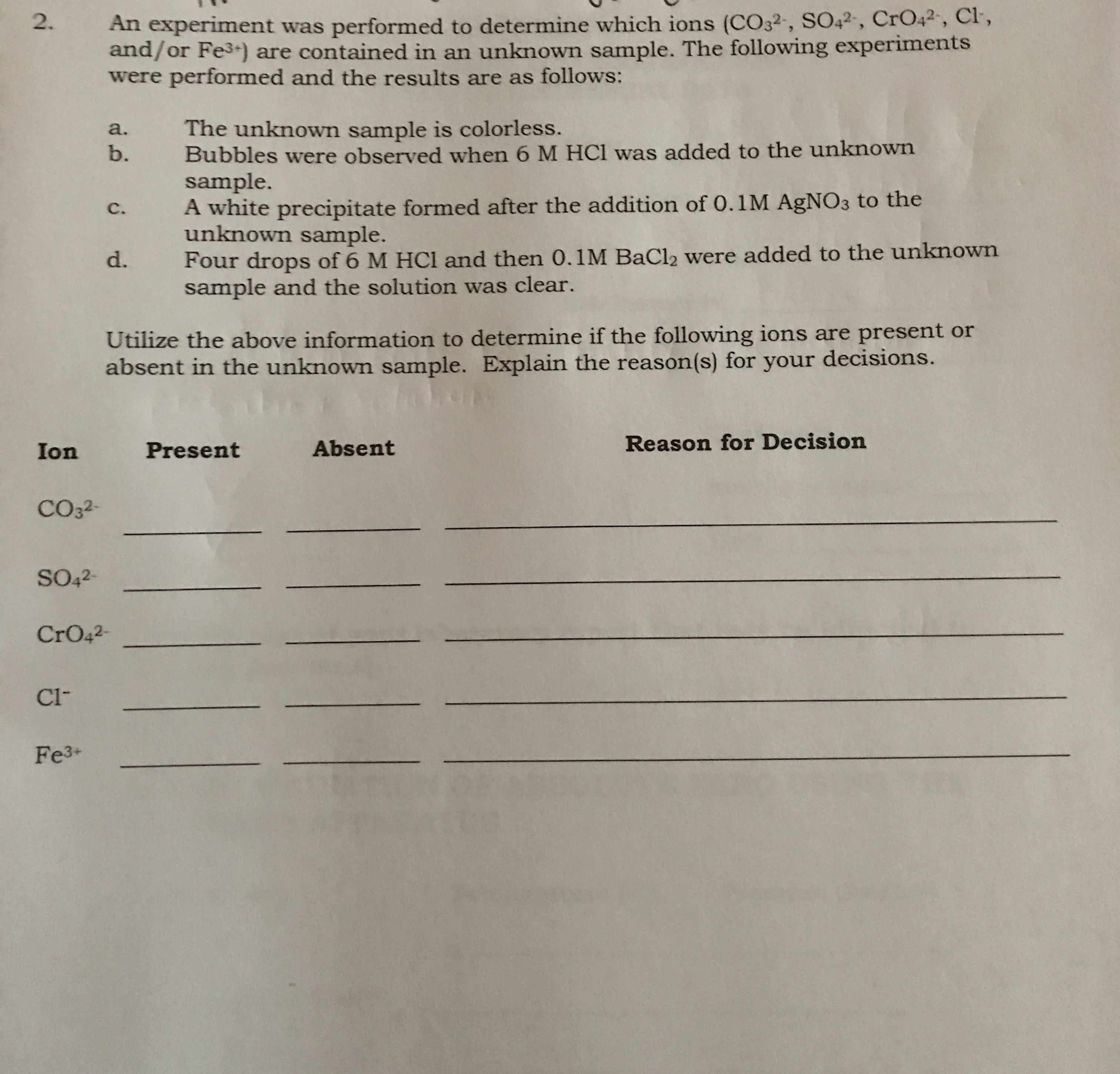 Solved An experiment was performed to determine which ions , | Chegg.com