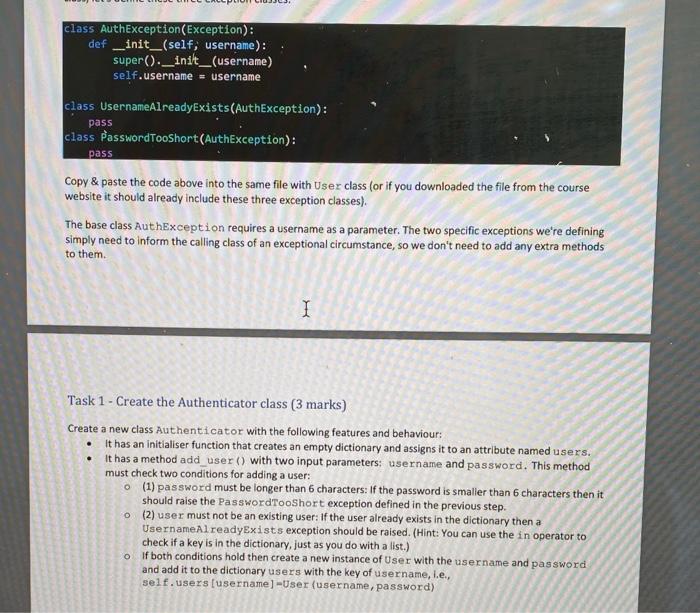 Solved . . Task 1 - Create the Authenticator class (3 marks) | Chegg.com