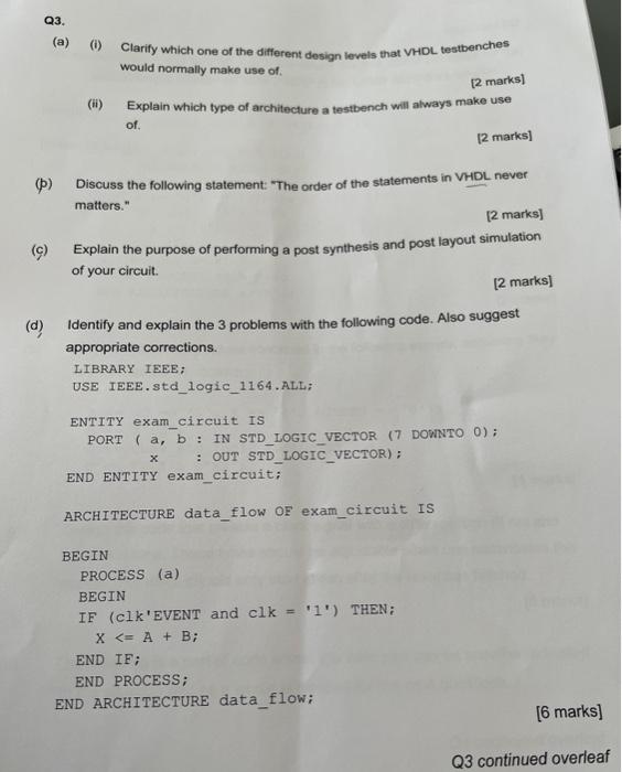 Solved Q3. (a) (i) Clarify which one of the different design | Chegg.com