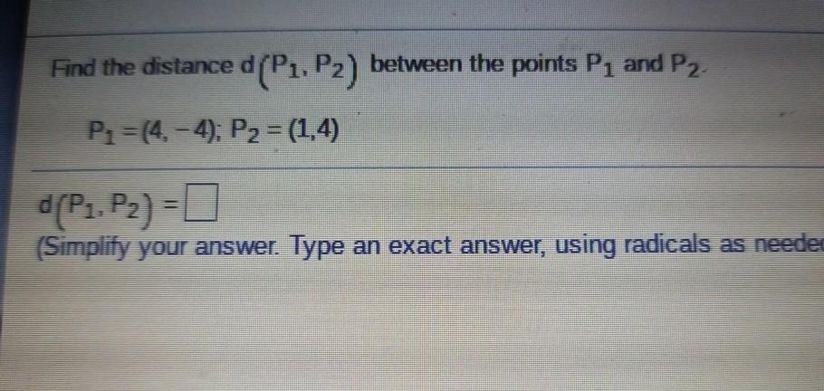 Solved Find the distance (P1, P2) between the points P1 and | Chegg.com