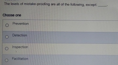 Solved The levels of mistake-proofing are all of the | Chegg.com
