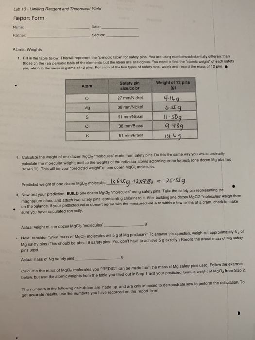 Solved Lab 13 - Limiting Reagent and Theoretical Yield | Chegg.com