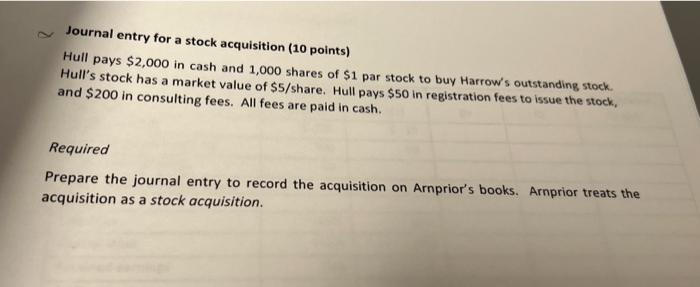 Solved Journal entry for a stock acquisition (10 points) | Chegg.com