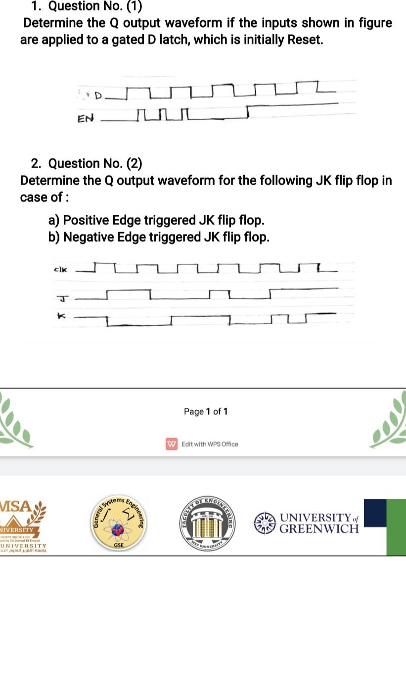 Solved 1 Question No 1 Determine The Q Output Waveform 