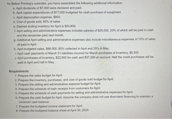 Solved Please help me with this comprehensive budget problem | Chegg.com