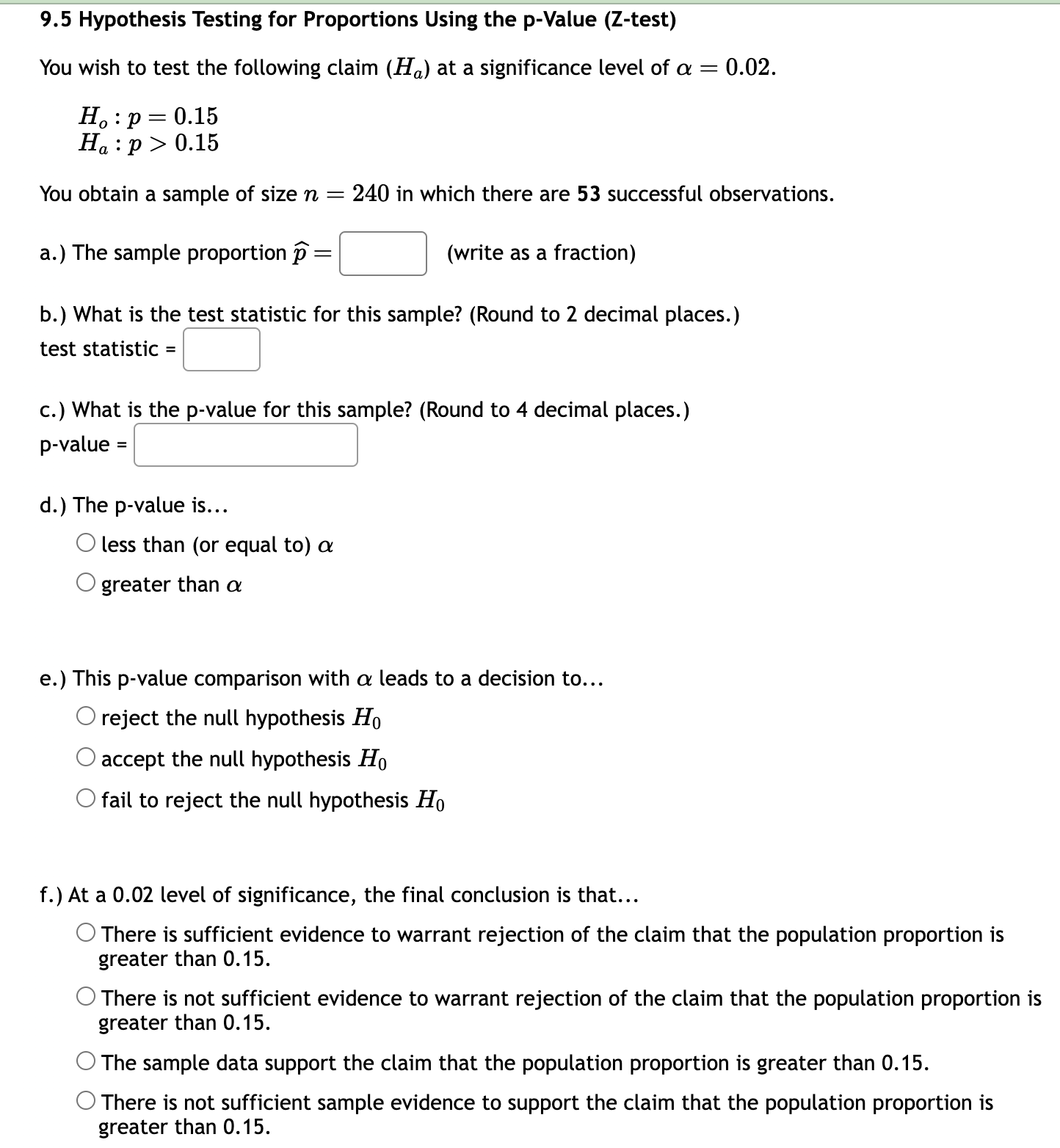 Solved Q3-9.5 ﻿Hypothesis Testing for Proportions Using the | Chegg.com