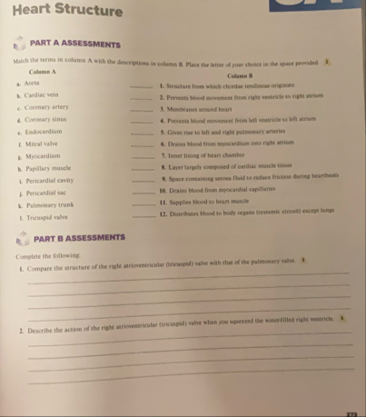 Solved Heart StructurePART A ASSESSMENTSColumn A2. ﻿Aoriak. | Chegg.com