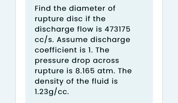 Solved Find the diameter of rupture disc if the discharge | Chegg.com