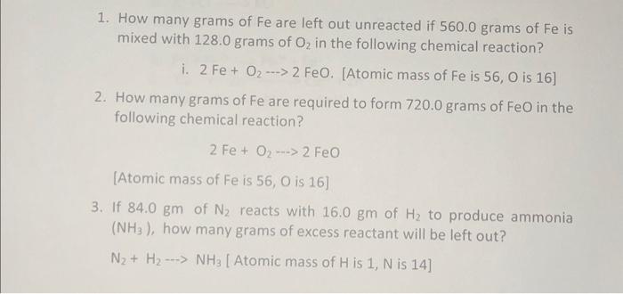 Solved 1. How many grams of Fe are left out unreacted if | Chegg.com