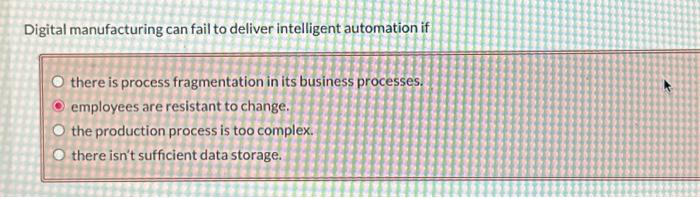 Solved Digital manufacturing can fail to deliver intelligent | Chegg.com