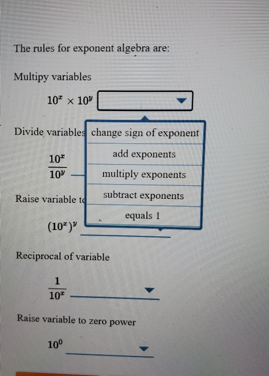 Solved The rules for exponent algebra are: Multipy variables | Chegg.com