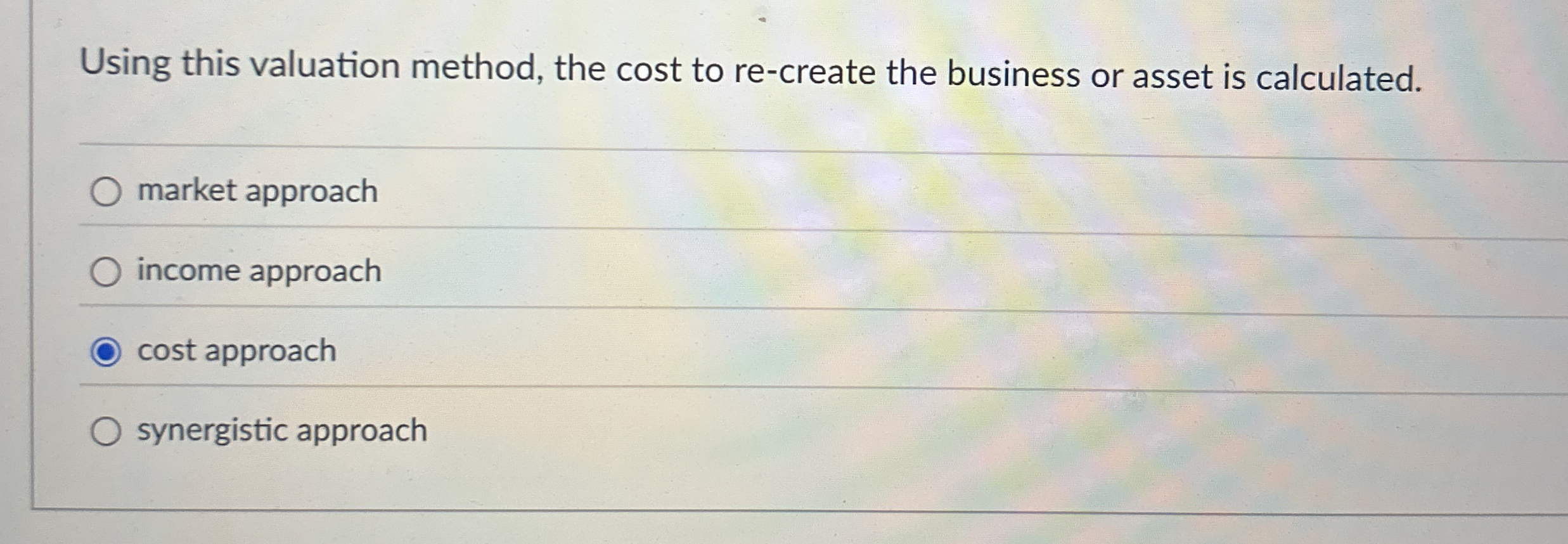 Solved Using this valuation method, the cost to re-create | Chegg.com