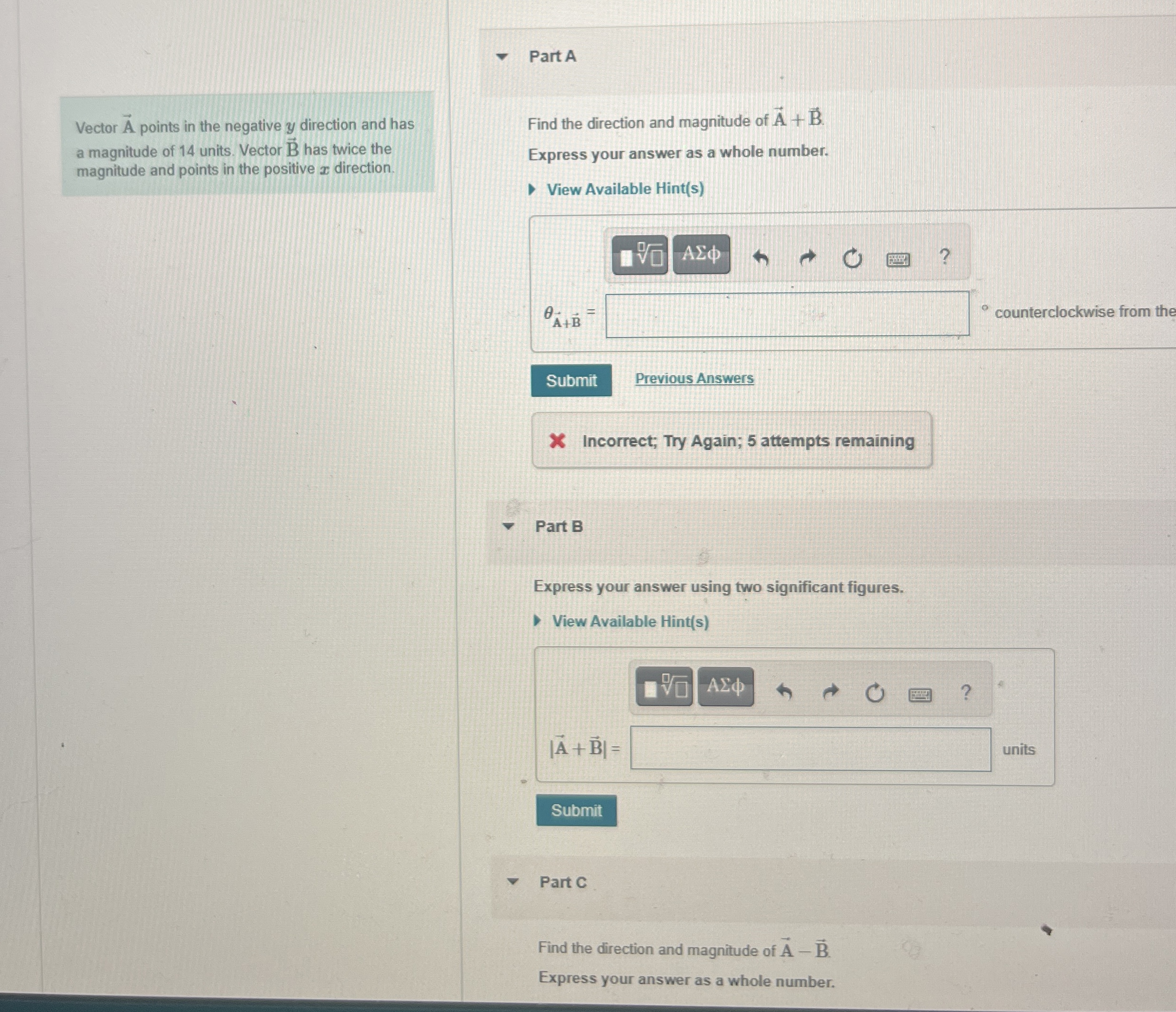 Solved Part AVector vec(A) ﻿points in the negative y | Chegg.com