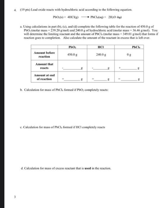 Solved 4. (19 pts) Lead oxide reacts with hydrochloric acid | Chegg.com