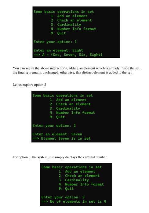 Solved Sone basic operations in set 1. Add an element 2. | Chegg.com