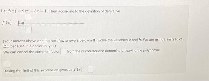 Solved Let f(x)=9x2−8x−1. Then according to the definition | Chegg.com