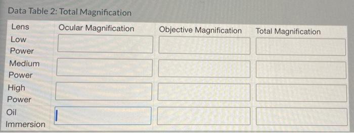 Solved Objective Magnification Total Magnification Data | Chegg.com