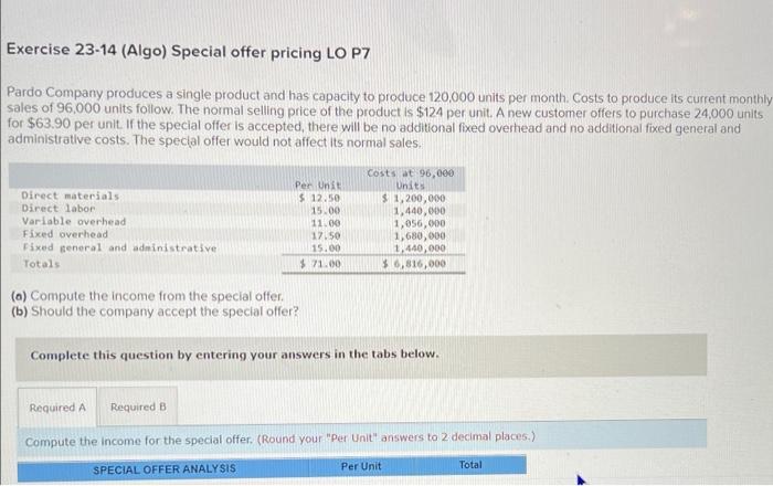 Solved Exercise 23-14 (Algo) Special offer pricing LO P7 | Chegg.com