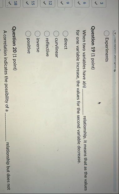 Solved 3ExperimentsQuestion 19 (1 ﻿point)6When two variables | Chegg.com