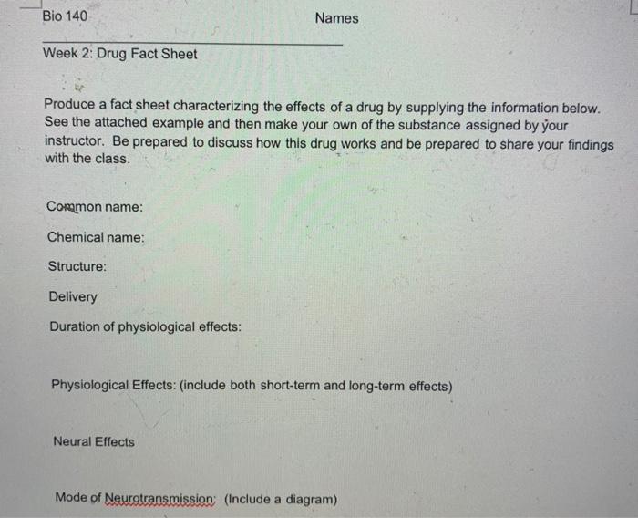 Bio 140 Names Week 2: Drug Fact Sheet Produce a fact | Chegg.com